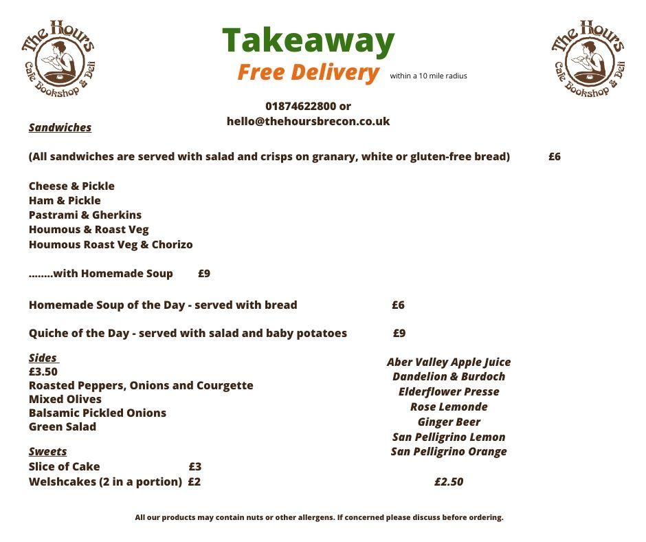 Menu at The Hours Cafe & Bookshop at Brecon Cathedral, Brecon