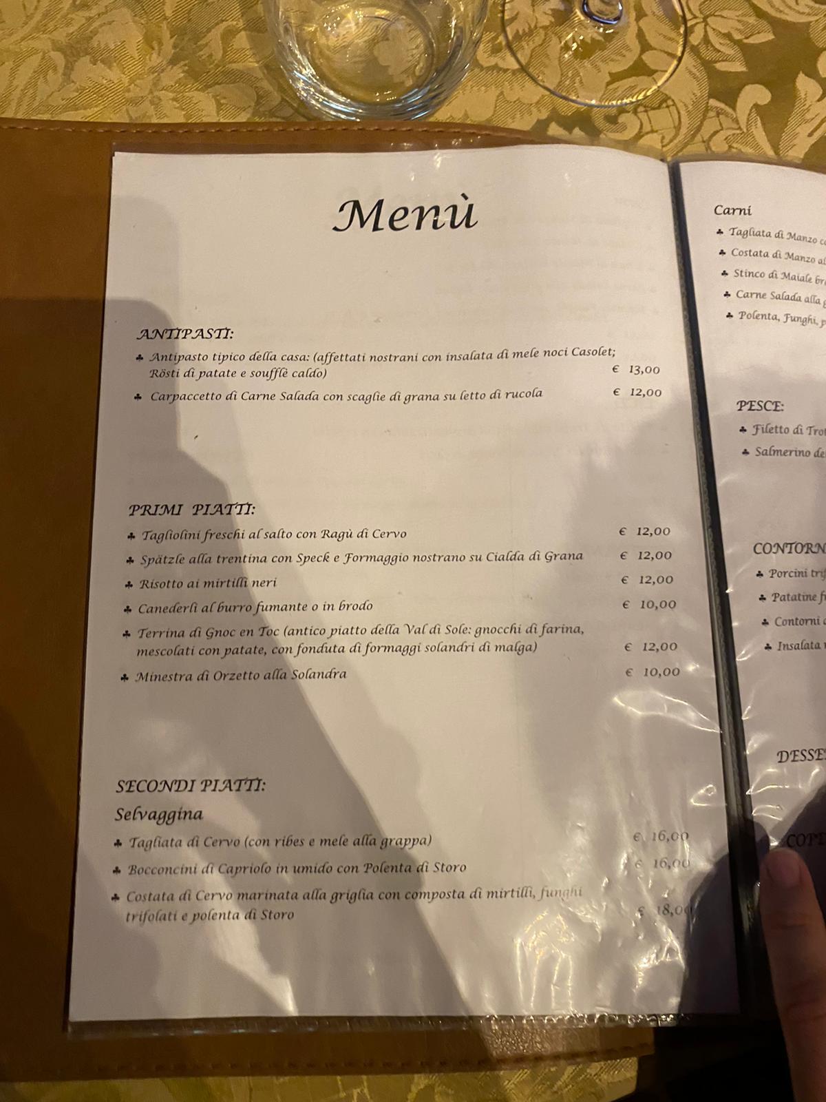 Menu at Il Mulino S.a.s. restaurant, Cogolo