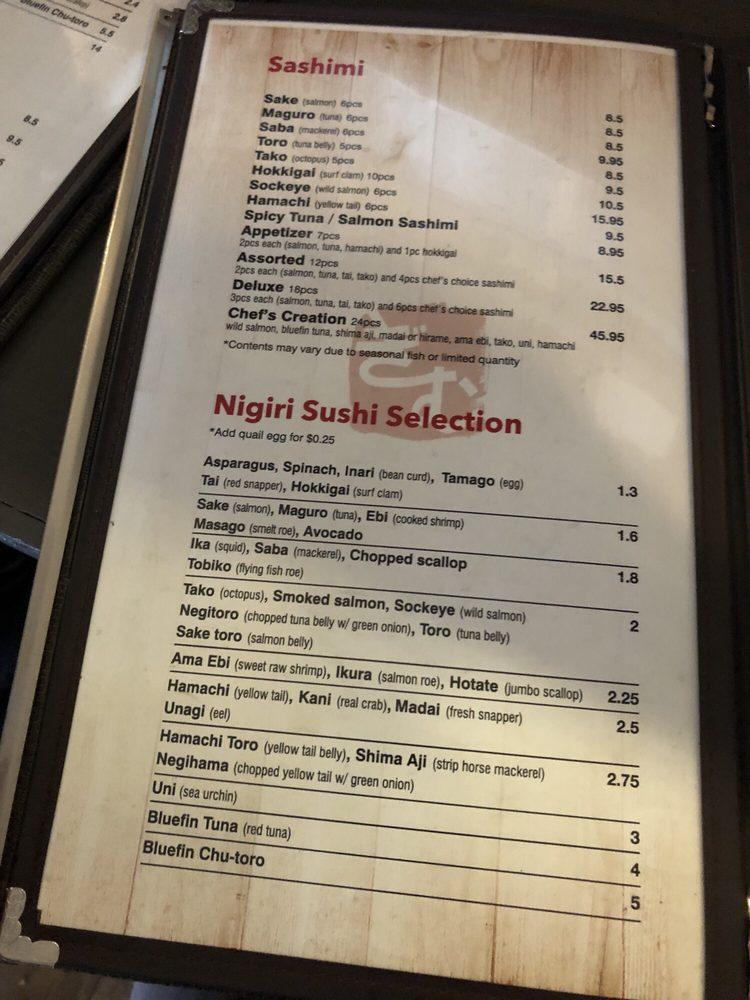 Menu at Kimu Japanese Cuisine restaurant, Vancouver