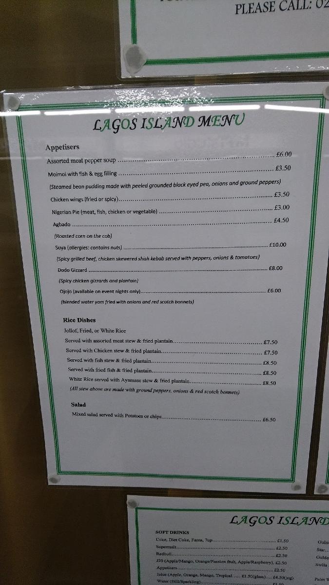 Menu at Lagos Island restaurant, Croydon