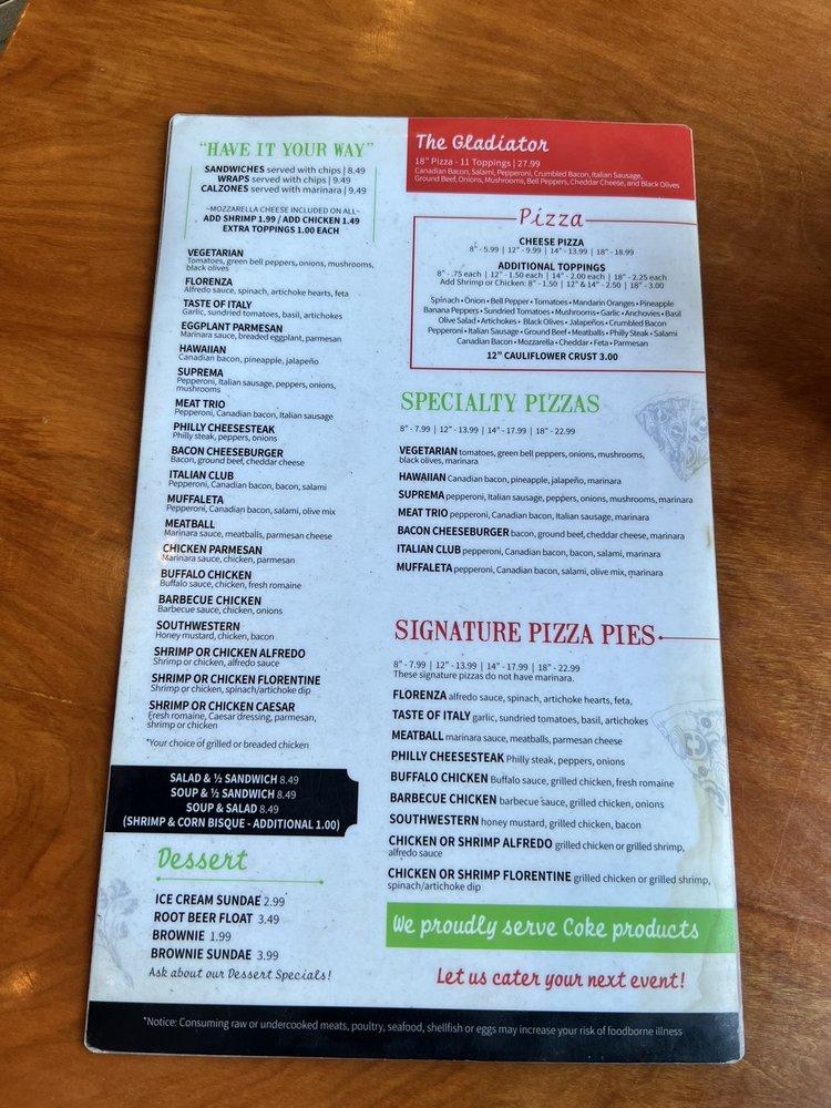 Menu at Mariano's Italian Eatery restaurant, Luling, US-90