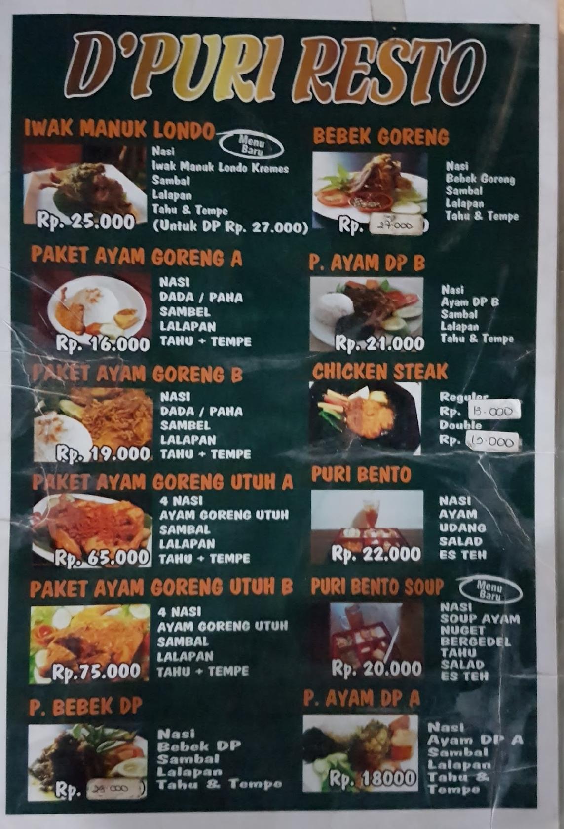 Carta del restaurante Puri Resto, Weleri