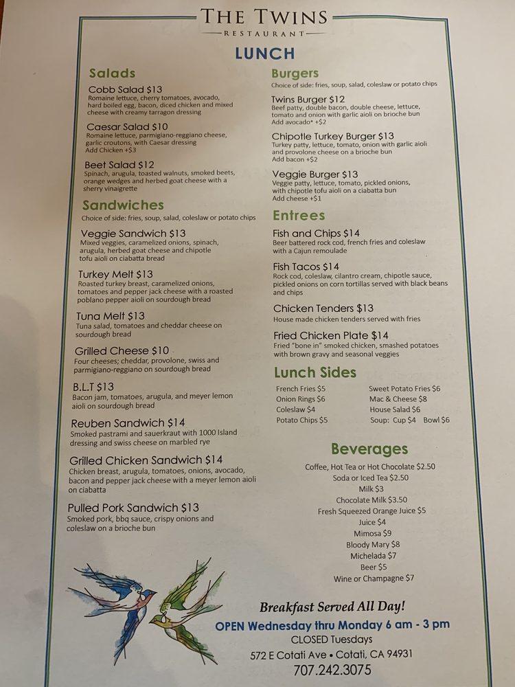 Menu at The Twins Restaurant, Cotati