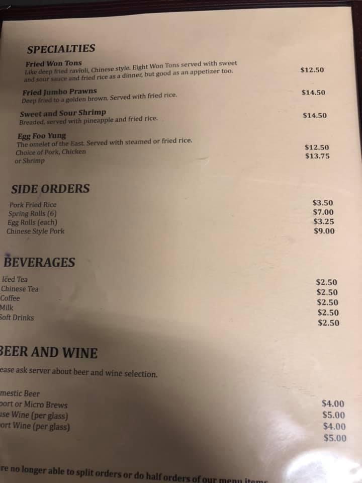 Menu at Yat Son Restaurant, East Helena