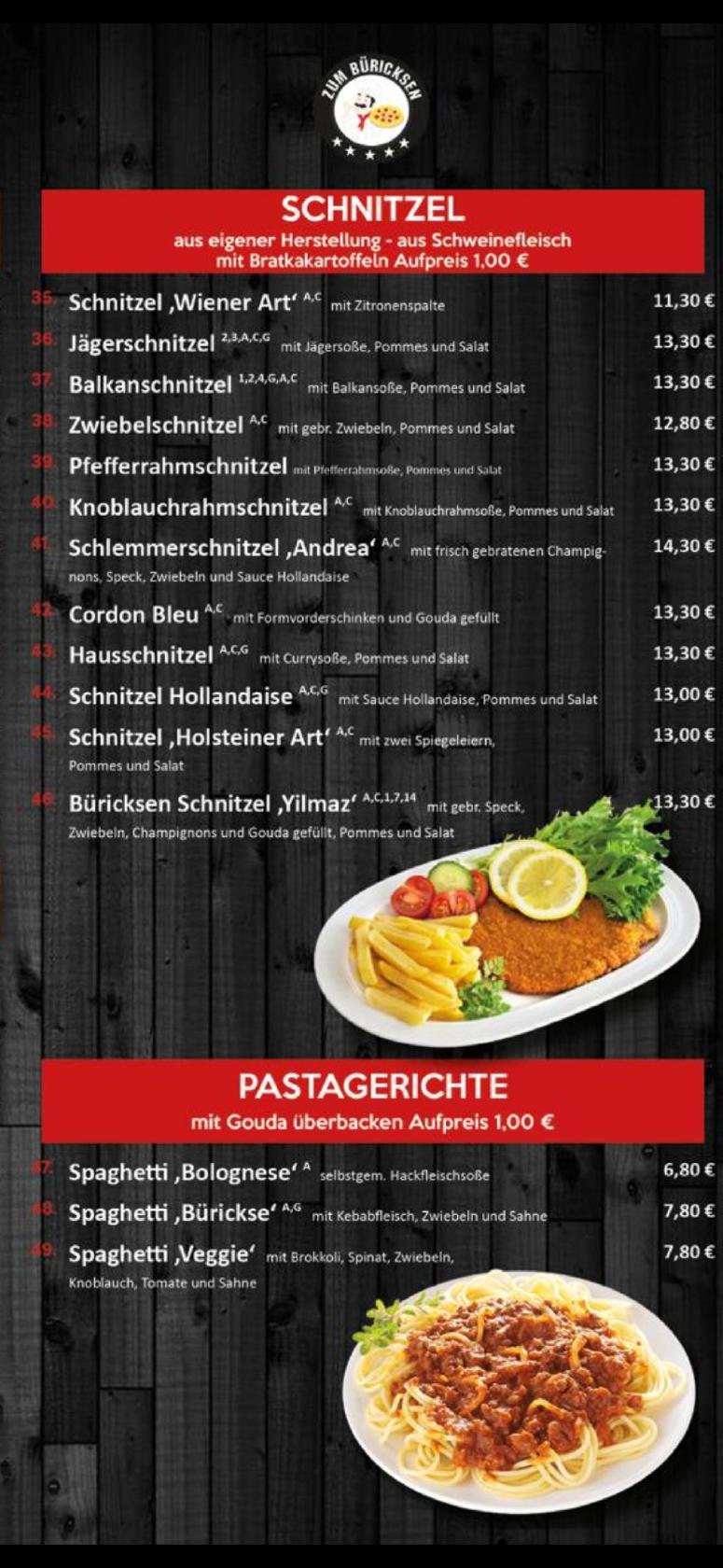 Menu at Zum Büricksen, Wesel