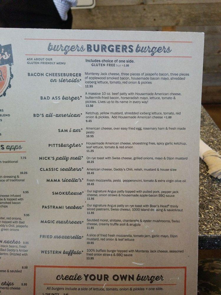 Menu at Bad Daddy's Burger Bar, Colorado Springs