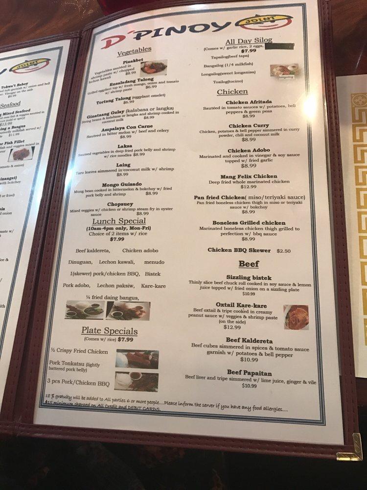 Menu at D' Pinoy Joint Flamingo restaurant, Las Vegas, W Flamingo Rd