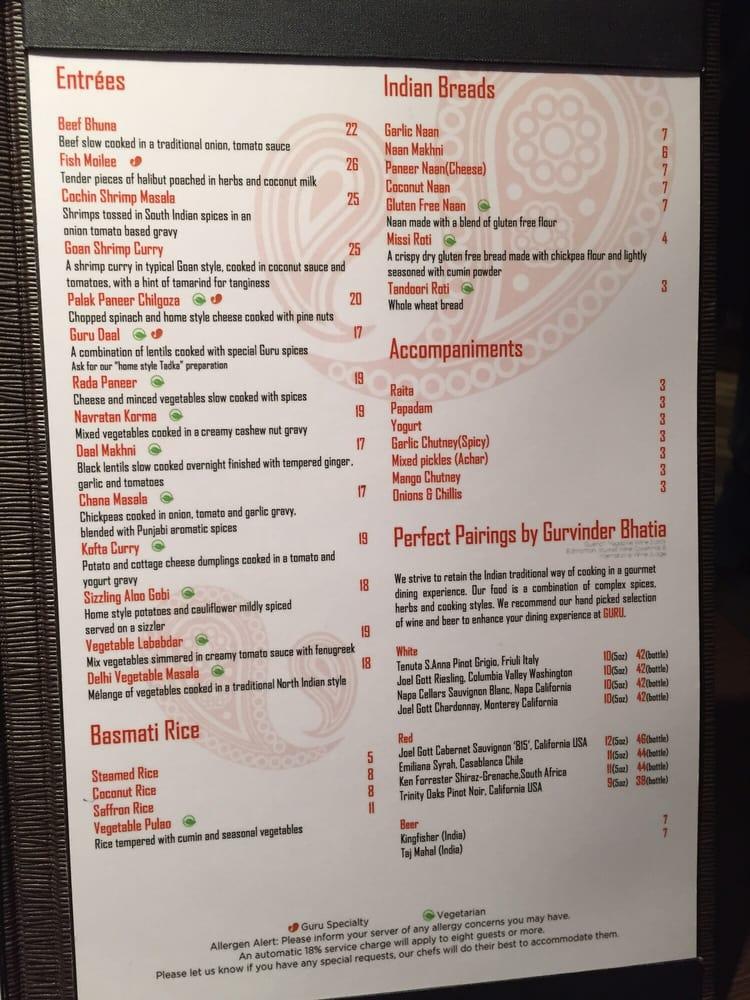 Menu at Guru Restaurant & Bar, Edmonton, 100 Ave NW