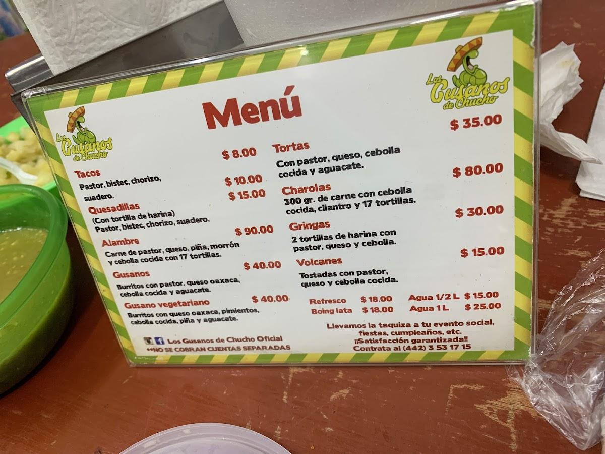 Menu at Los gusanos de Chucho Oficial restaurant, Santiago de Querétaro