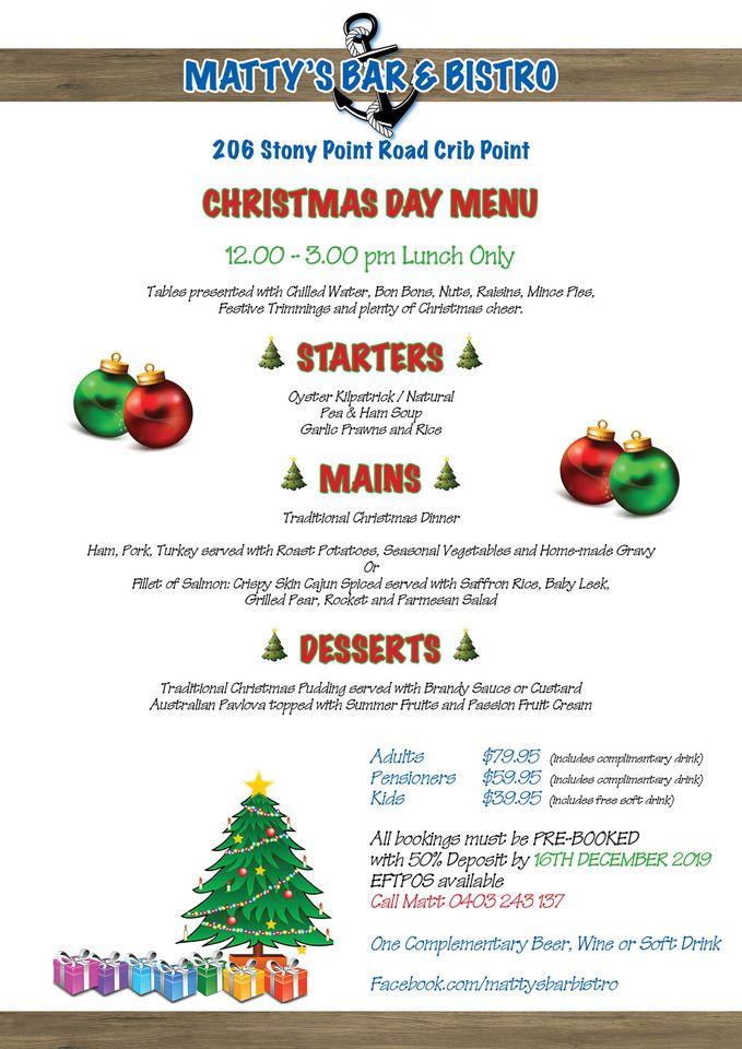 Menu at Matty's Bar Bistro, Crib Point