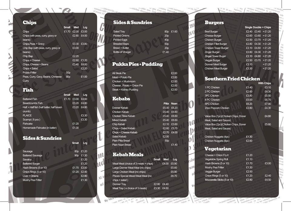 Menu at Pisces Fish Bar, Stoke-on-Trent