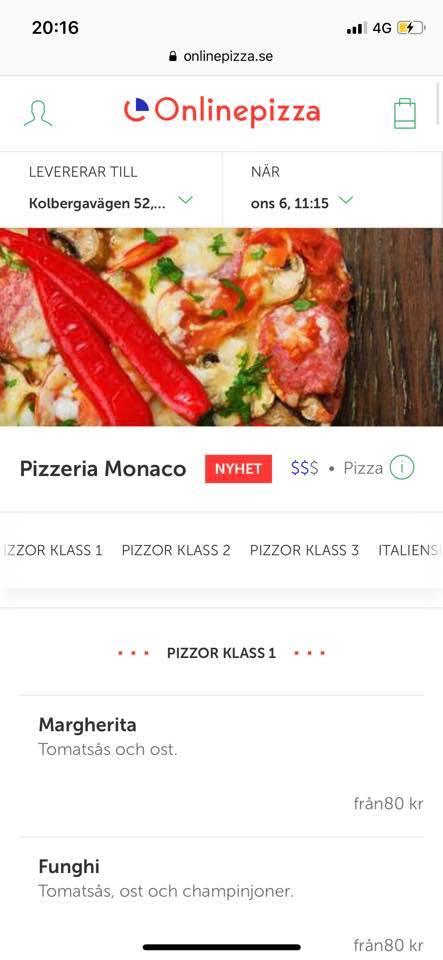 Menu at Pizzeria Monaco - Oskarshamn, Oskarshamn
