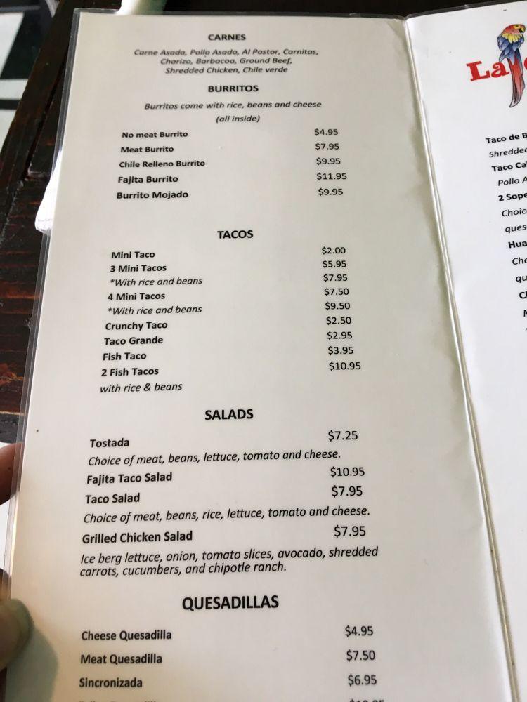 Menu at Taqueria La Guacamaya restaurant, Rogue River, Rogue River Hwy