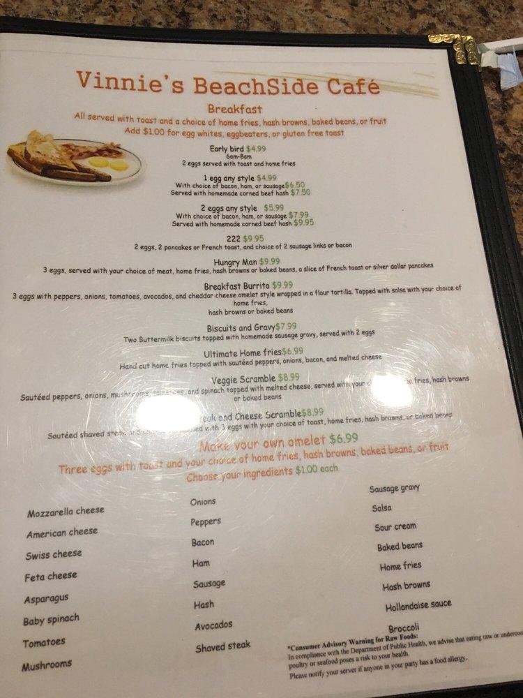 Menu at Vinnie's Beachside Café restaurant, Salisbury