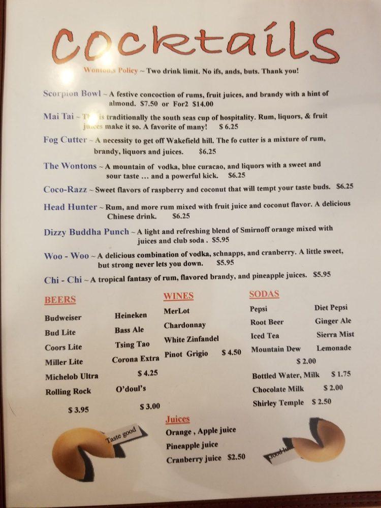 Menu at Wontons Chinese Restaurant, Wakefield, White Mountain Hwy