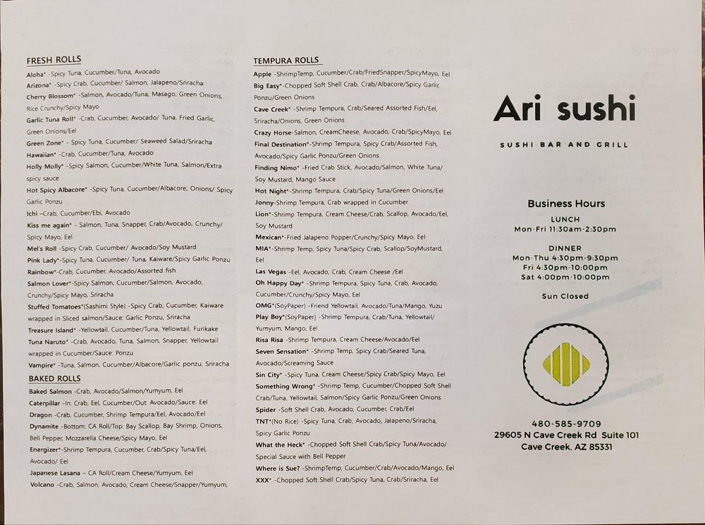 Menu at ARI Sushi restaurant, Cave Creek