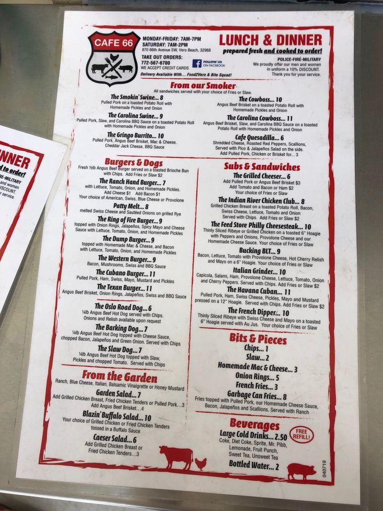 Menu at Cafe 66, Vero Beach, 685 US-1