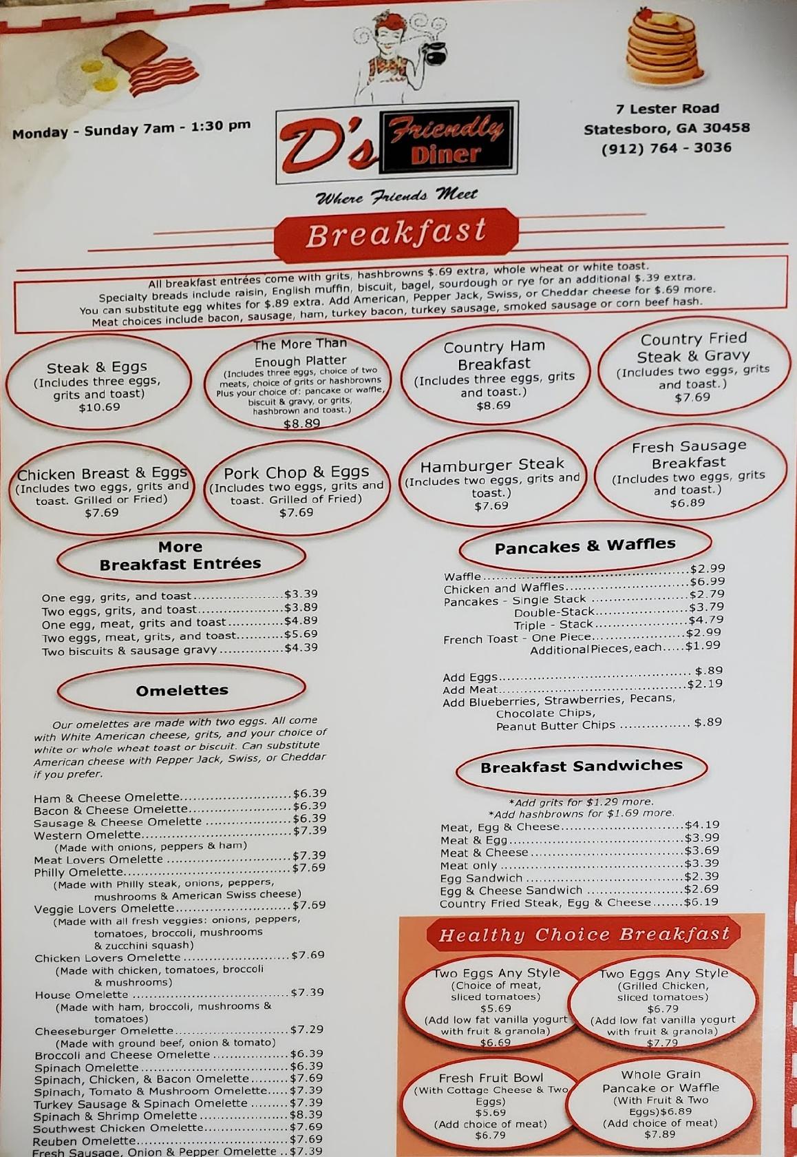 Menu at D's Friendly Diner restaurant, Statesboro