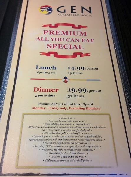Menu at Gen Korean BBQ House, Torrance, Crenshaw Blvd
