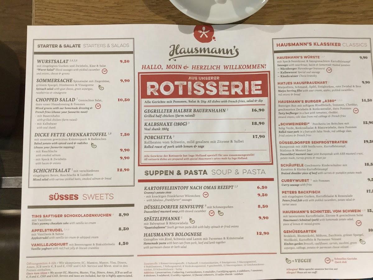 Menu at Hausmann's Düsseldorf Flughafen restaurant, Düsseldorf ...