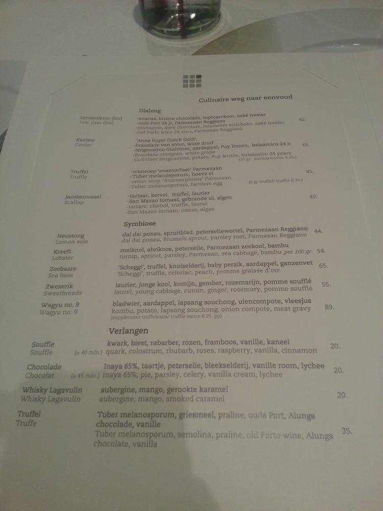 Menu at Inter Scaldes, Kruiningen