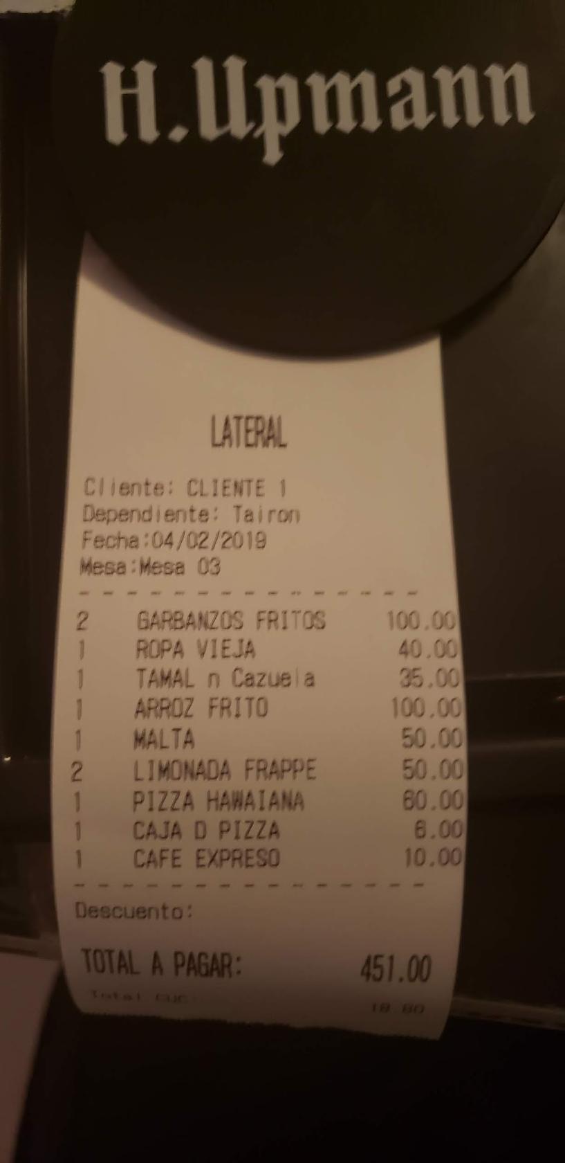 Menu at Lateral restaurant, Havana