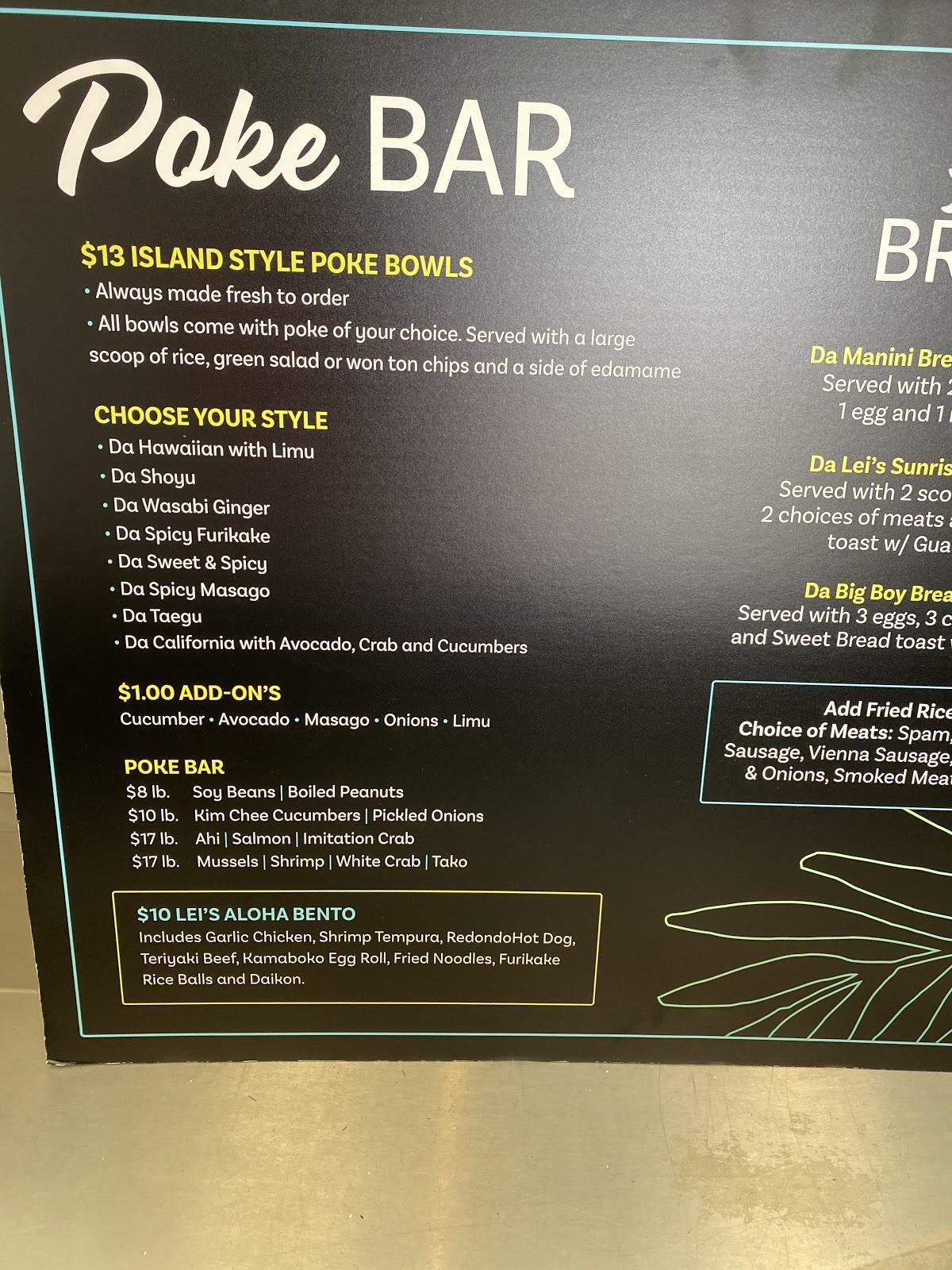 Menu at Lei's Poke Stop 3 restaurant, Wasilla
