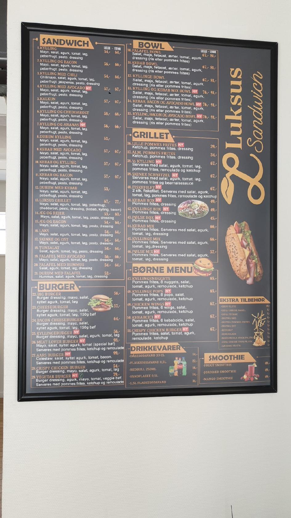 Menu at Luksus Sandwich restaurant, Aars