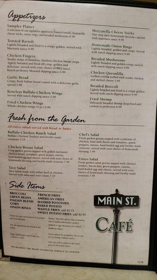 Menu at Main St. Cafe, Belleville