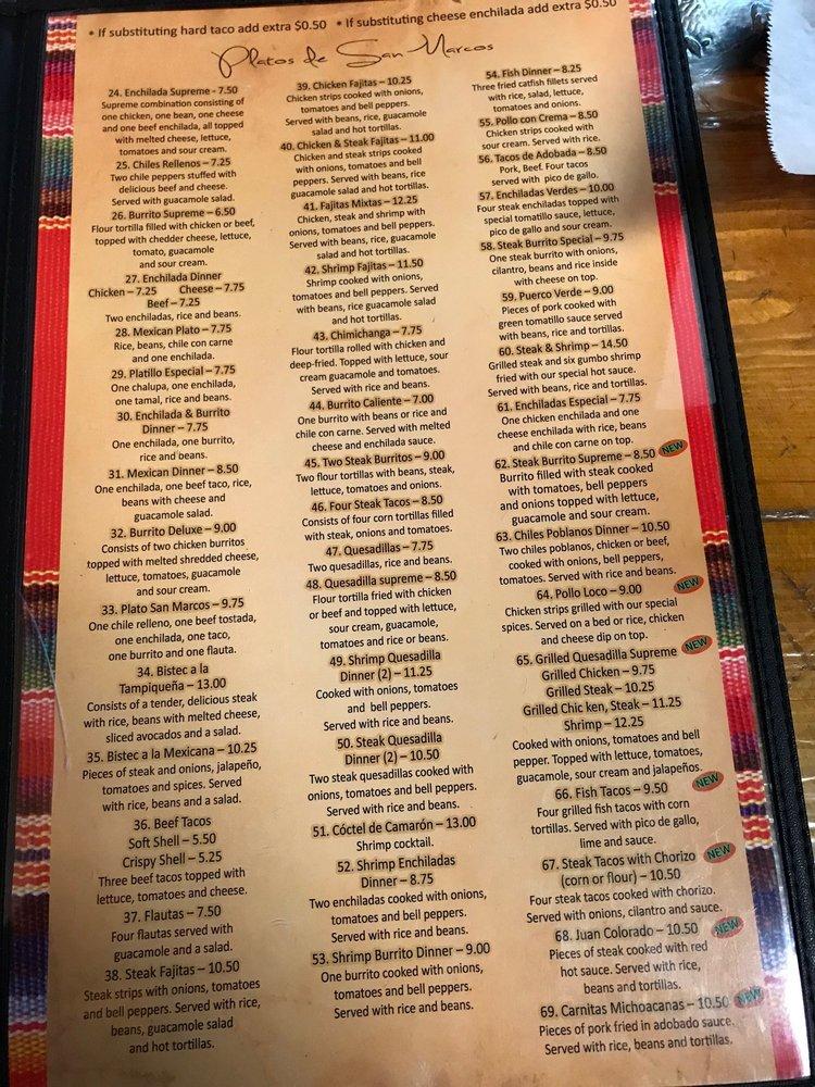 Menu at San Marcos restaurant, Montgomery, 61 N Burbank Dr