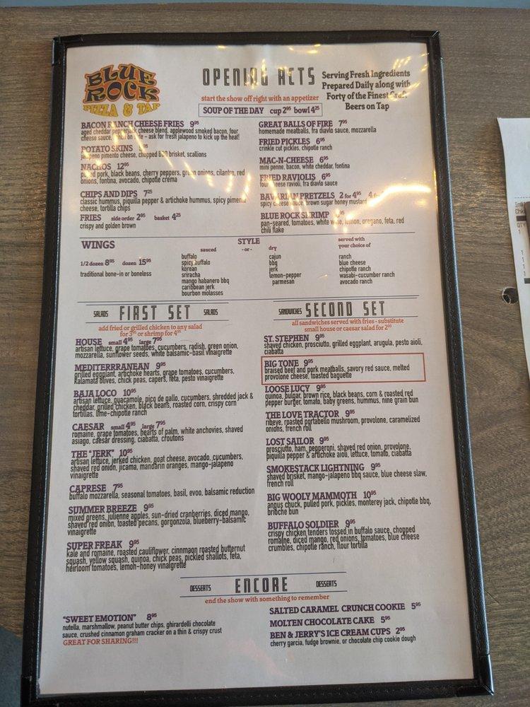 Carta del pub y bar Blue Rock Pizza & Tap, Greensboro