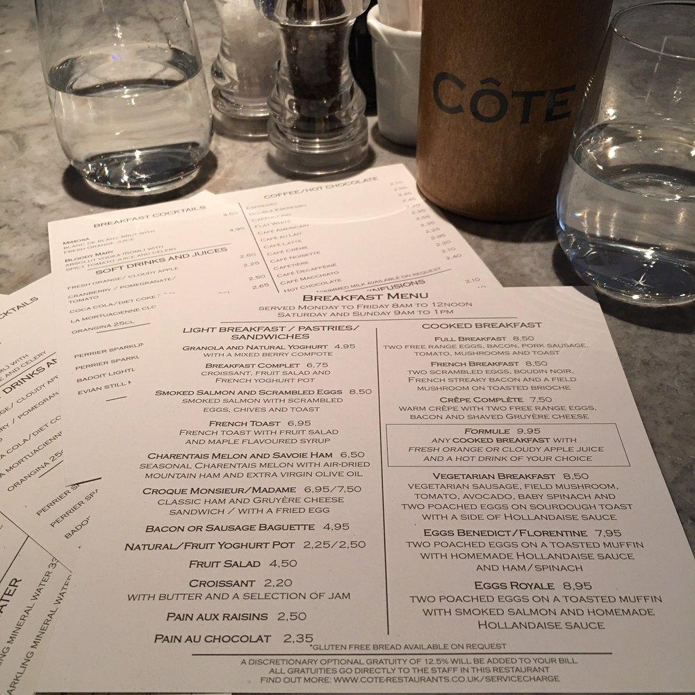 Menu at Côte Edinburgh restaurant, Edinburgh