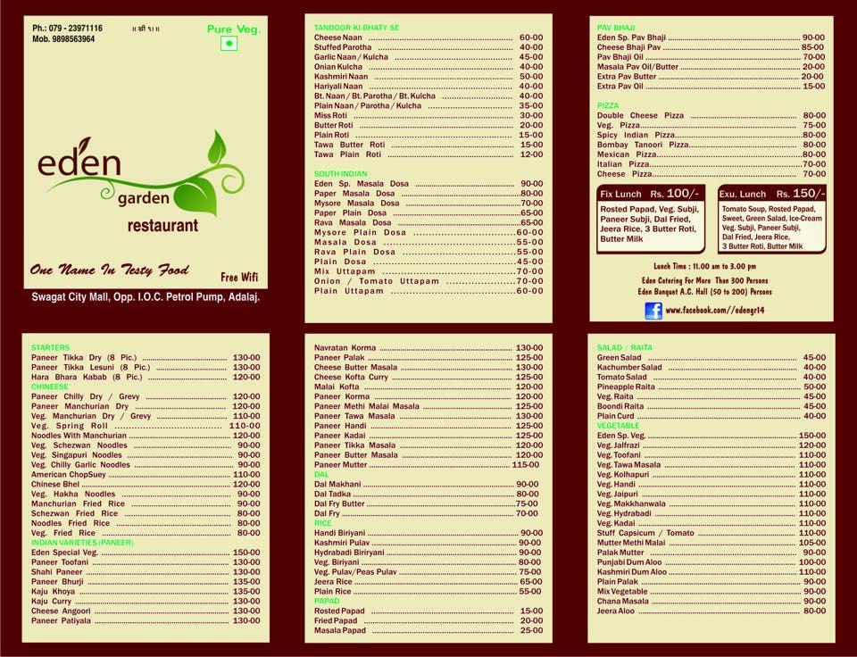 Menu at Eden Garden Restaurant, Adalaj, Top Floor Swagat City Mall