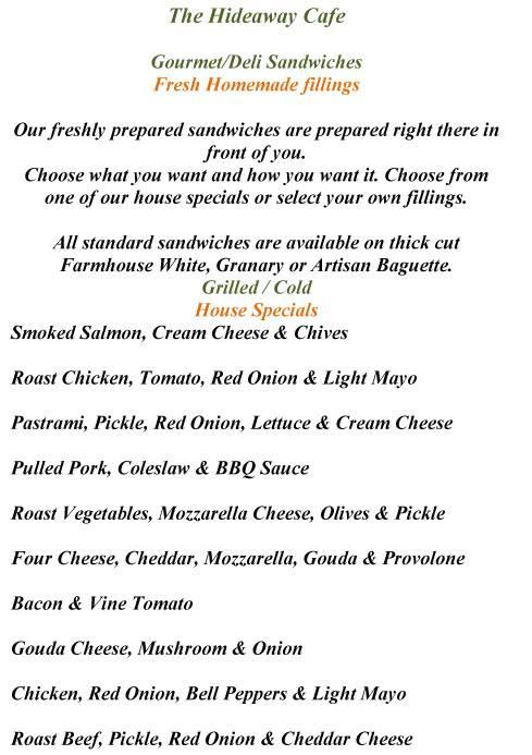 Menu at Hideaway Cafe, Warrington