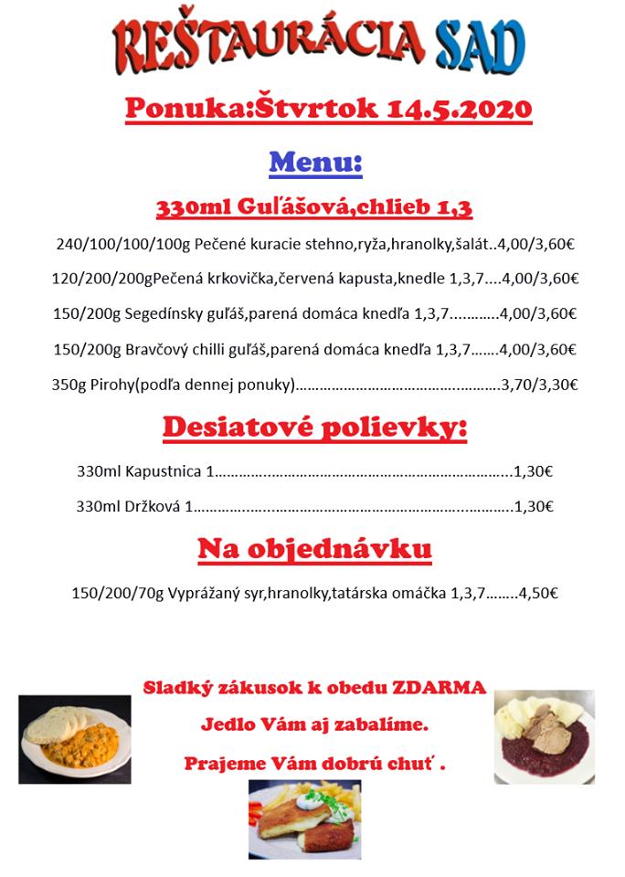 Menu at Reštaurácia SAD Prešov restaurant, Prešov