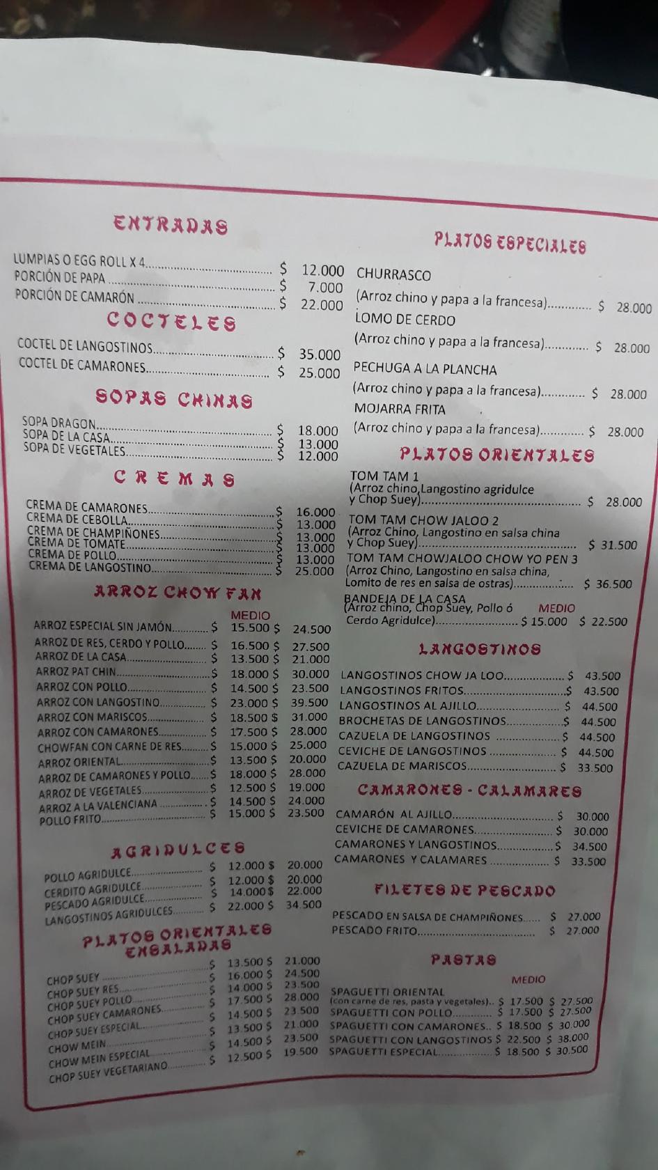 Carta de Restaurante Hong Fu, Bogotá, Ak. 50 #35-26 Sur