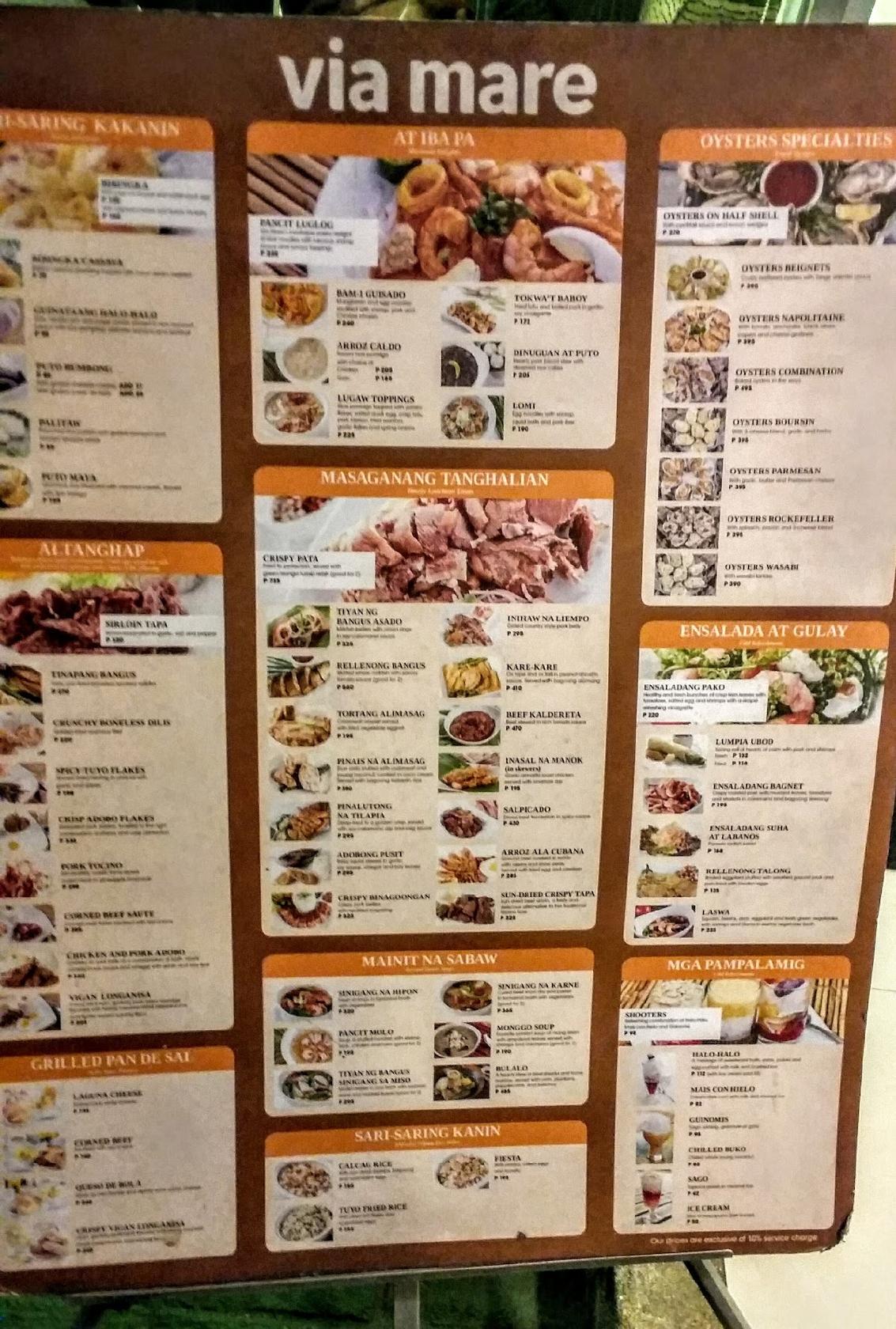 Menu at Via Mare Terraces restaurant, Quezon City, Terraces