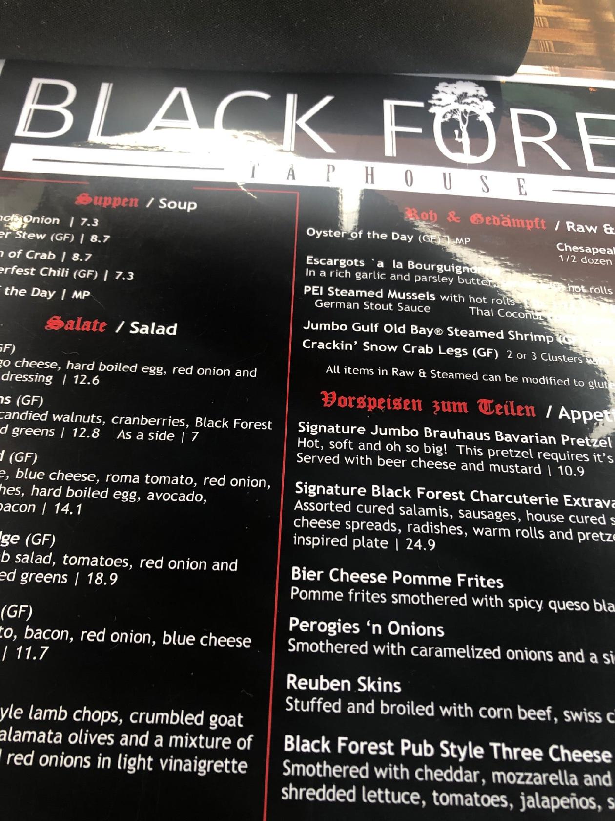 Menu at Black Forest Taphouse pub & bar, Fallston