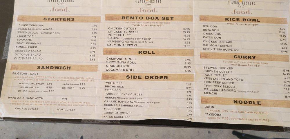 Menu at Flavor Fusions restaurant, Arcadia