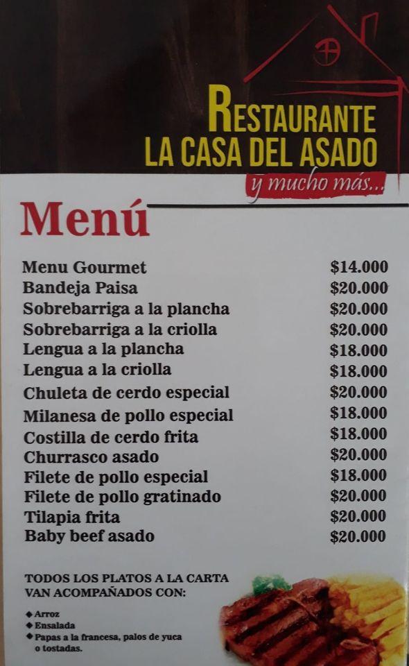 Menu at La Casa del Asado restaurant, Cali