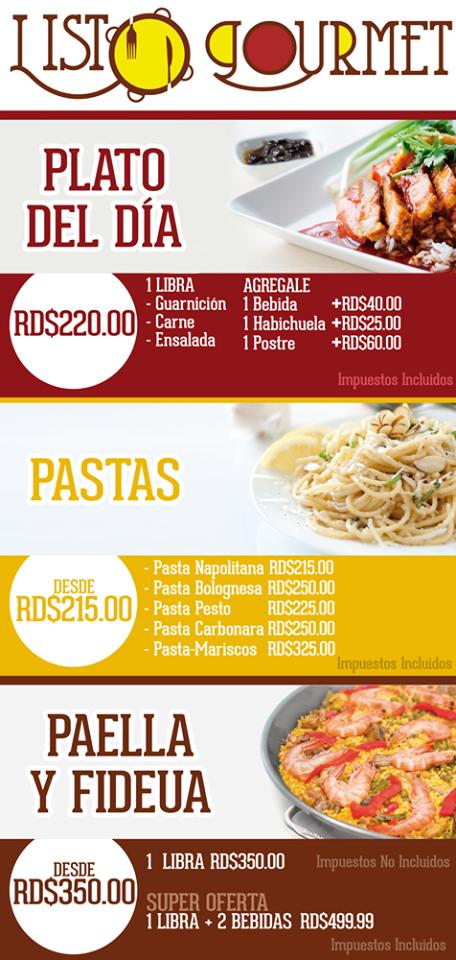 Menu at Listo Gourmet restaurant, Santo Domingo, Plaza Sambil
