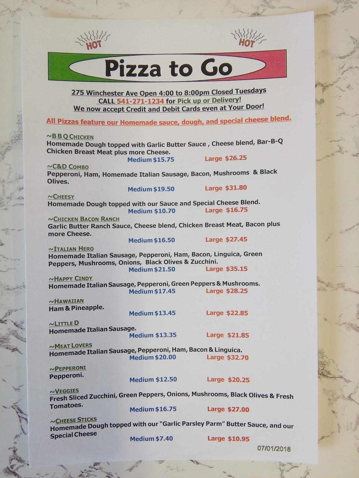 Menu at PIZZA TO GO pizzeria, Reedsport