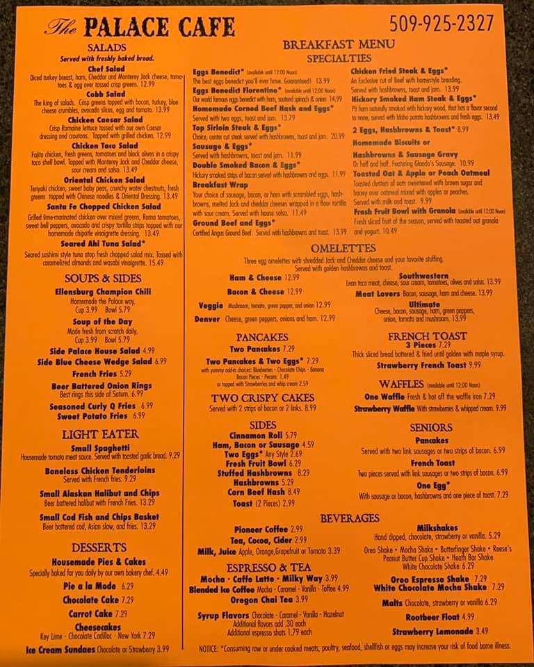 Menu at Palace Cafe, Ellensburg