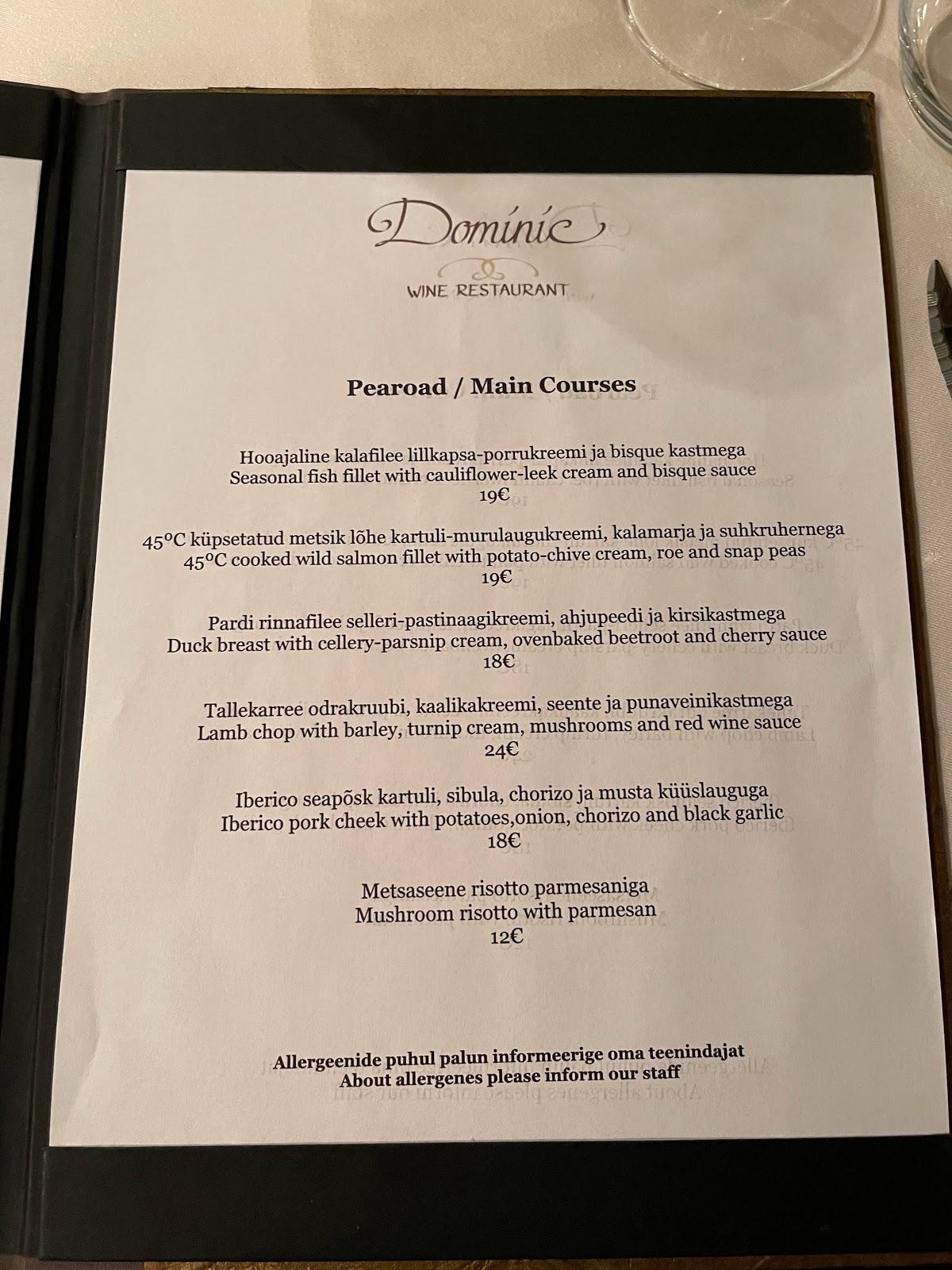 Menu at Veinirestoran Dominic restaurant, Tallinn