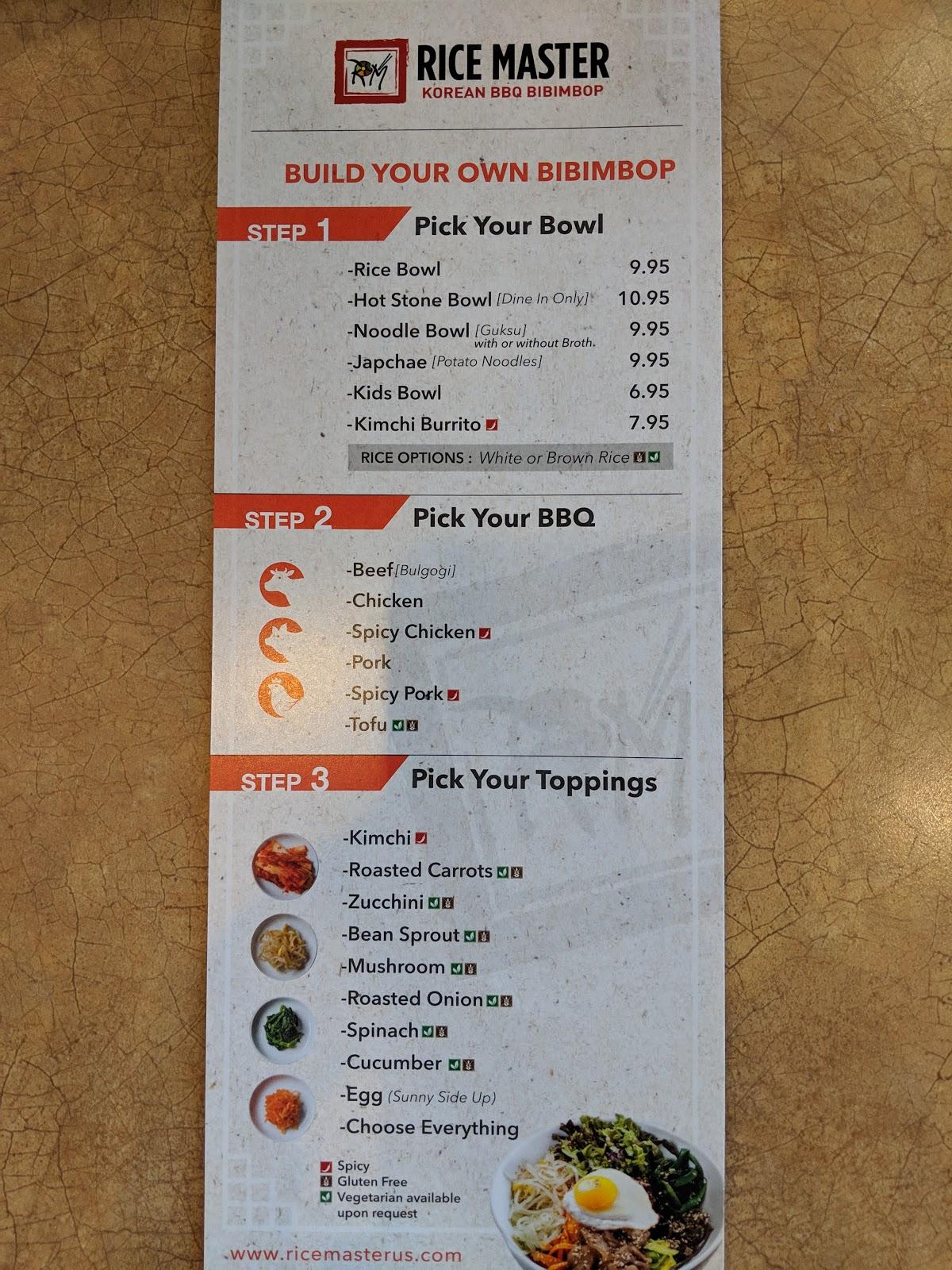 Menu at Rice Master - Korean BBQ Bibimbop, Burleson