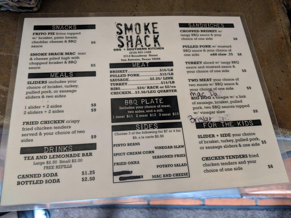 Menu at Smoke Shack BBQ, San Antonio