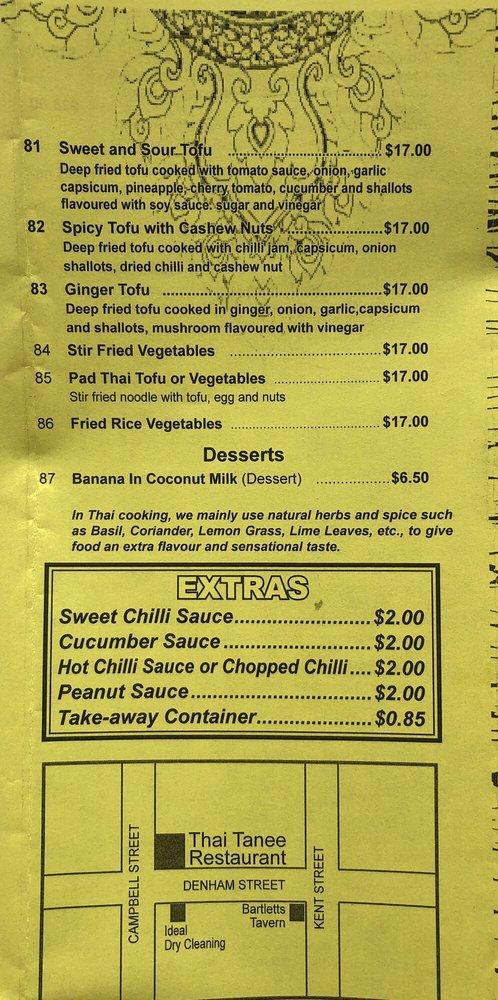 Menu at Thai Tanee Restaurant, Rockhampton City, 80 Denham St