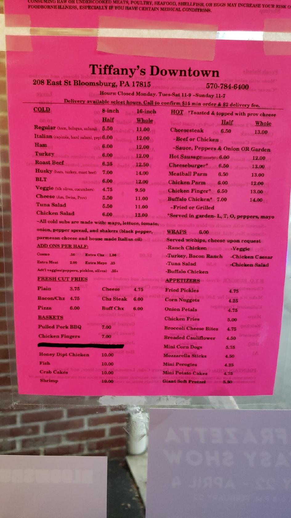 Menu at Tiffany’s Downtown restaurant, Bloomsburg
