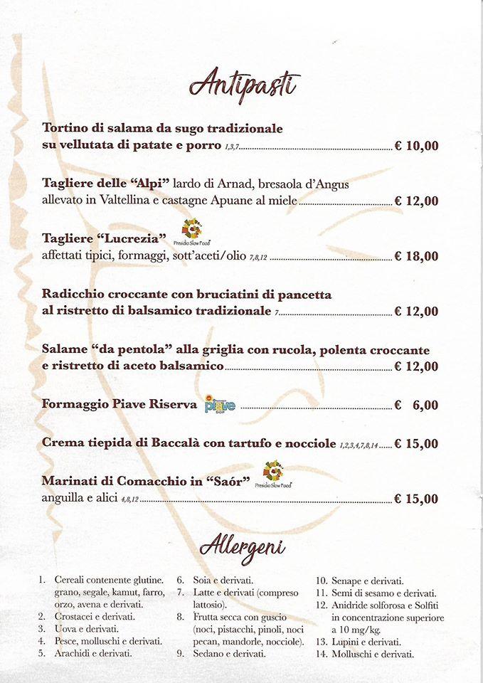 Menu da I Piaceri di Lucrezia ristorante, Ferrara