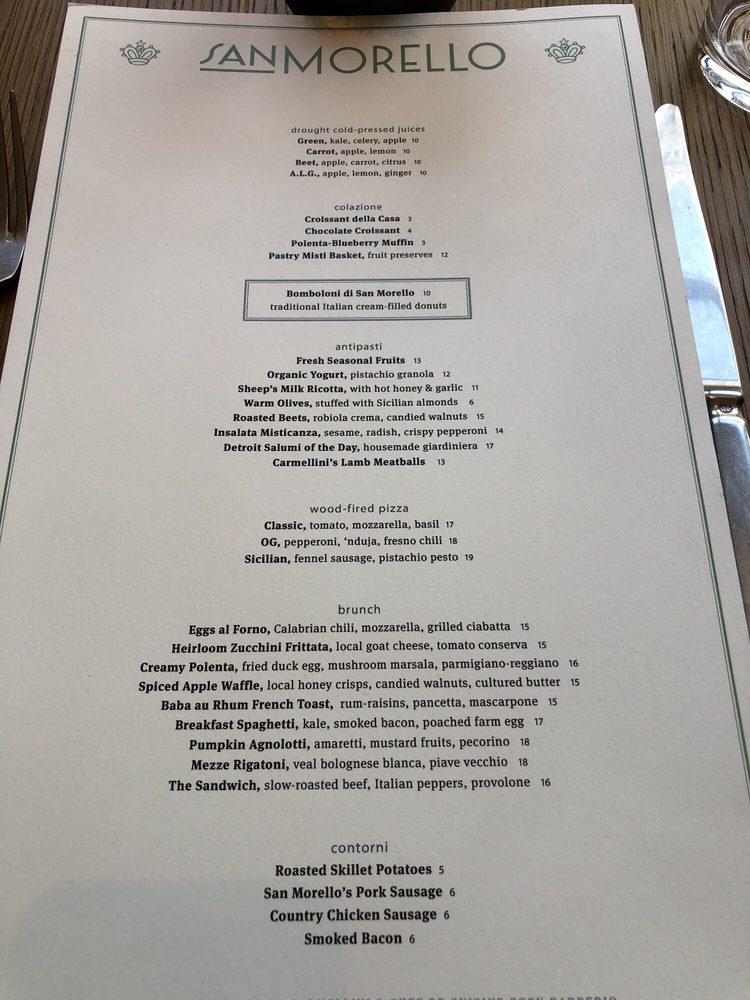 Menu at San Morello restaurant, Detroit